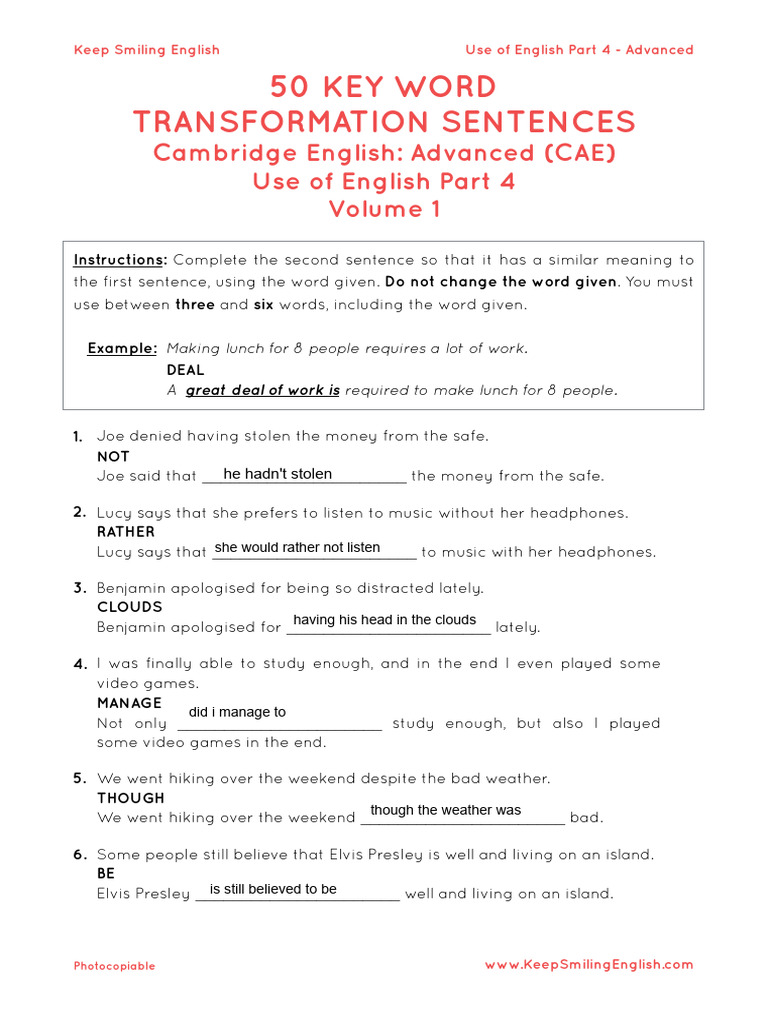 X. 50 KEY WORD TRANSFORMATION SENTENCES Cambridge English Advanced (CAE ...