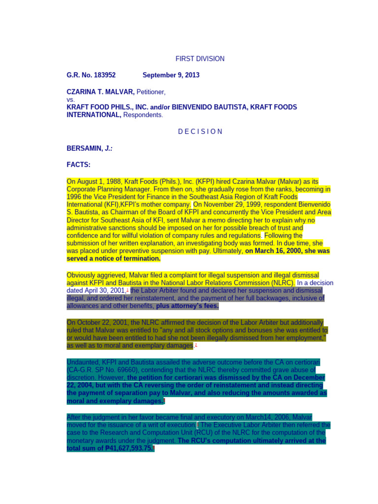 Malvar v. Kraft Foods (In contingent fee for lawyers, the subsequent ...