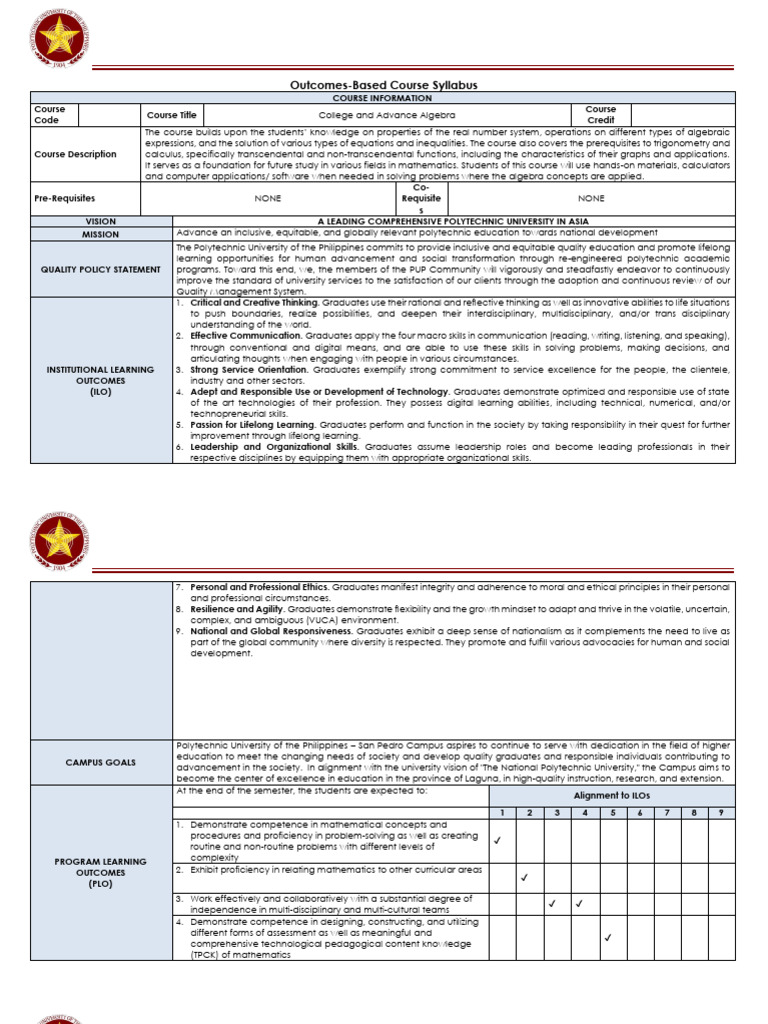 College and Advanced Algebra Syllabus | PDF | Curriculum | Factorization