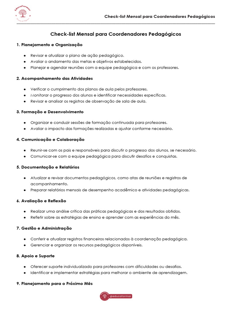 Check List+Mensal+Para+Coordenadores+Pedagógicos | PDF | Pedagogia ...