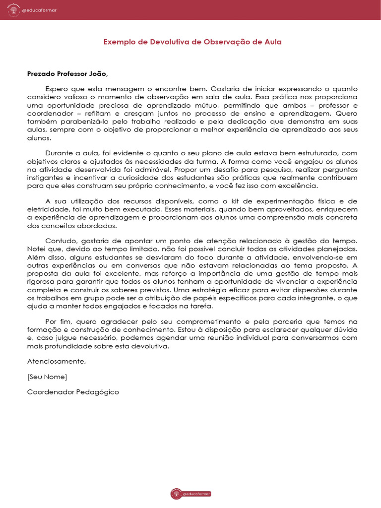 Exemplo de Devolutiva de Observação de Aula | PDF