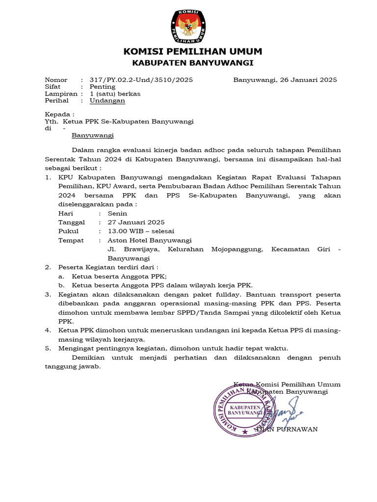 Undangan PPK - Rapat Evaluasi Tahapan, KPU Award, Dan Pembubaran Adhoc | PDF