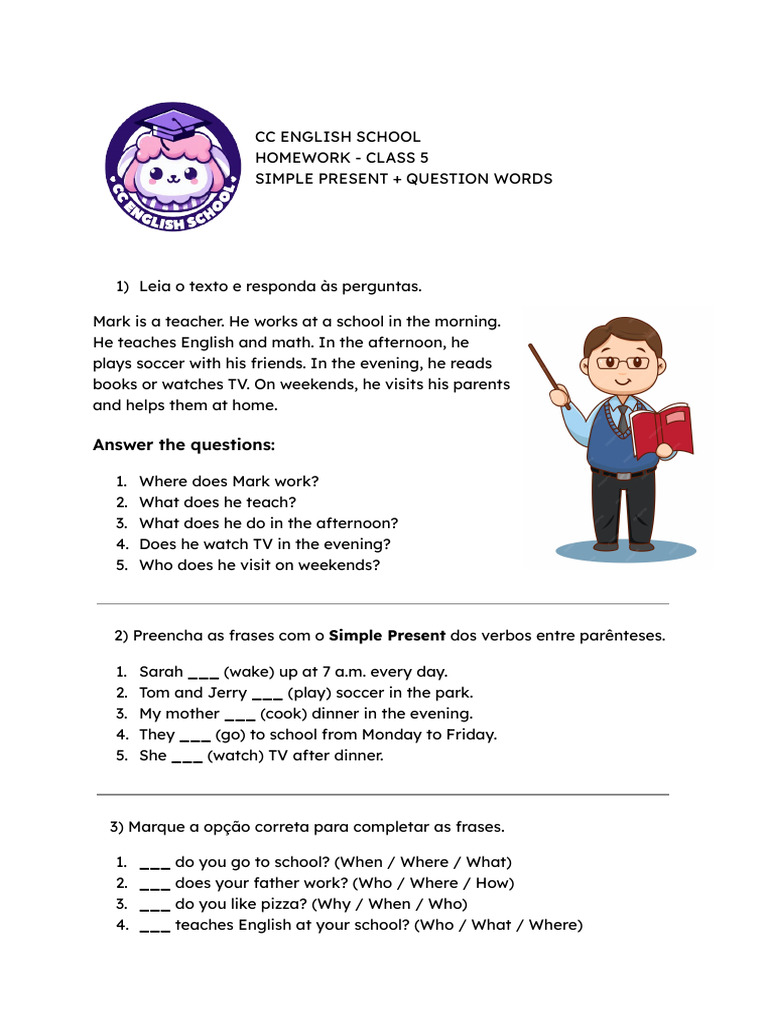 Homework - Class 5 - Simple Present + Question Words | PDF