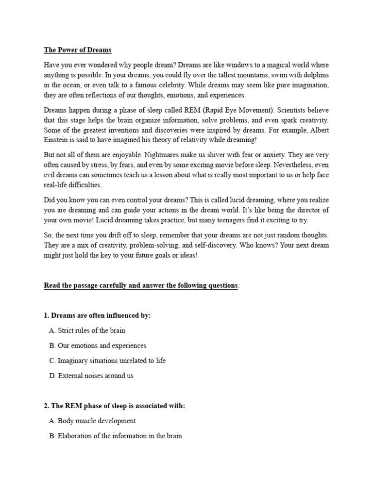 Comprehension Passage for practise 1 | PDF | Dream | Lucid Dream
