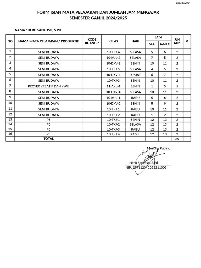 FORM JJM GANJIL DAN P5 2024-2025 Hero Santoso, S.PD | PDF
