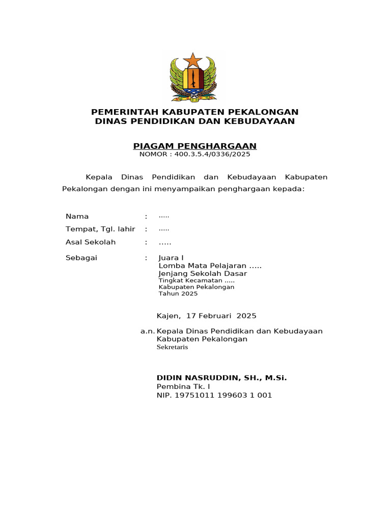 Piagam Lomba Mapel Kecamatan | PDF