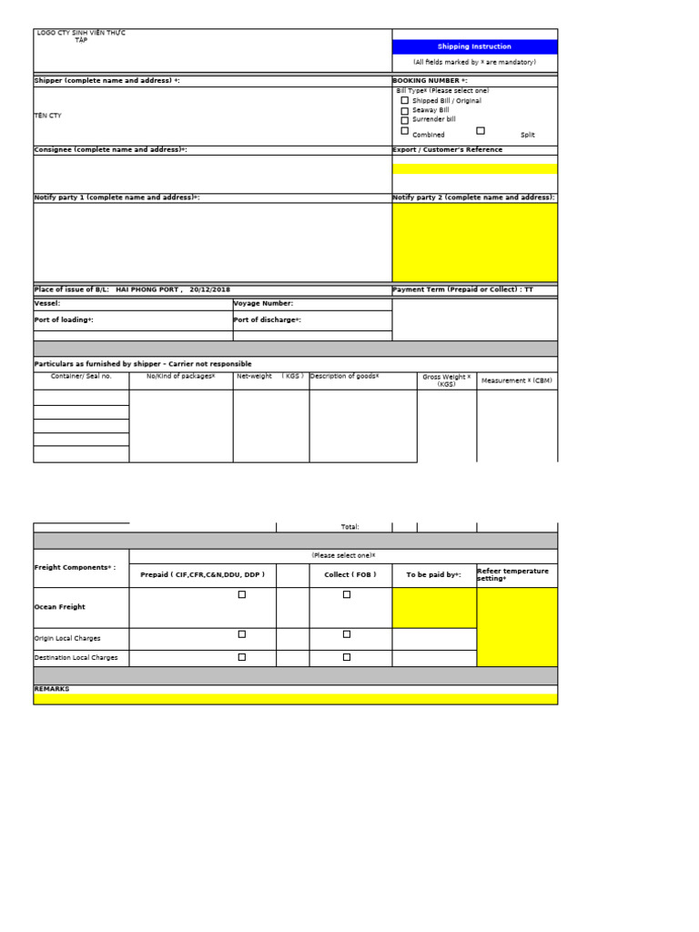 SI Form | PDF | Cargo | Transport