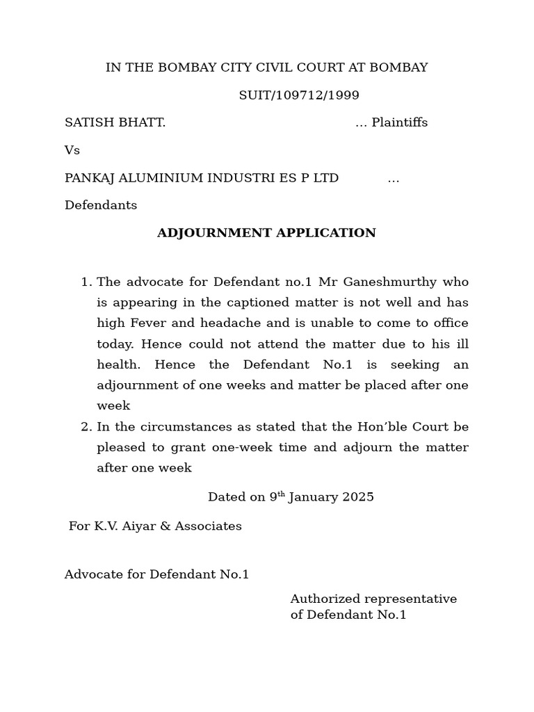 Adjournment Request in Civil Suit 1999 | PDF