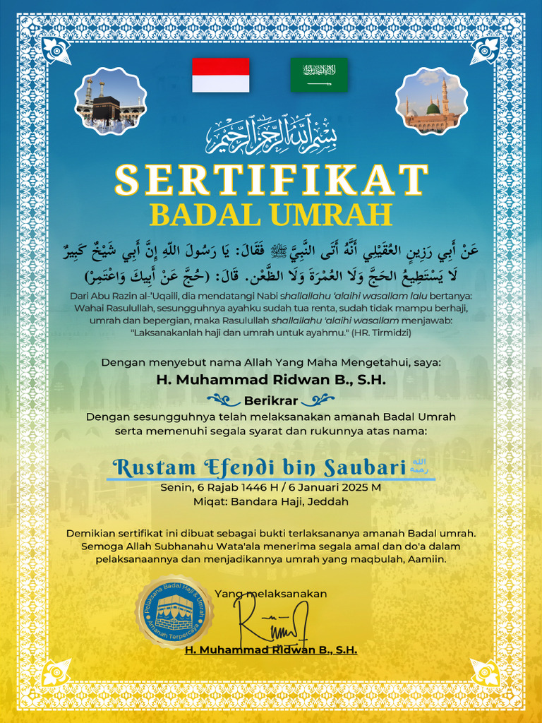 Sertifikat Badal Umrah - Rustam Efendi bin Saubari | PDF
