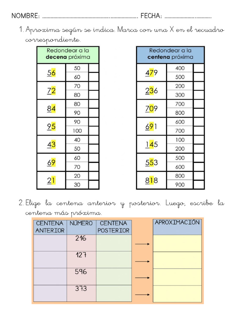 Ejercicios de Aproximación a Decenas y Centenas | PDF
