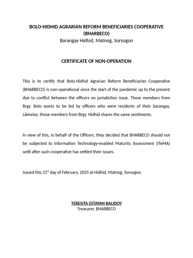 Certificate of Non-Operation - BHARBECO | PDF