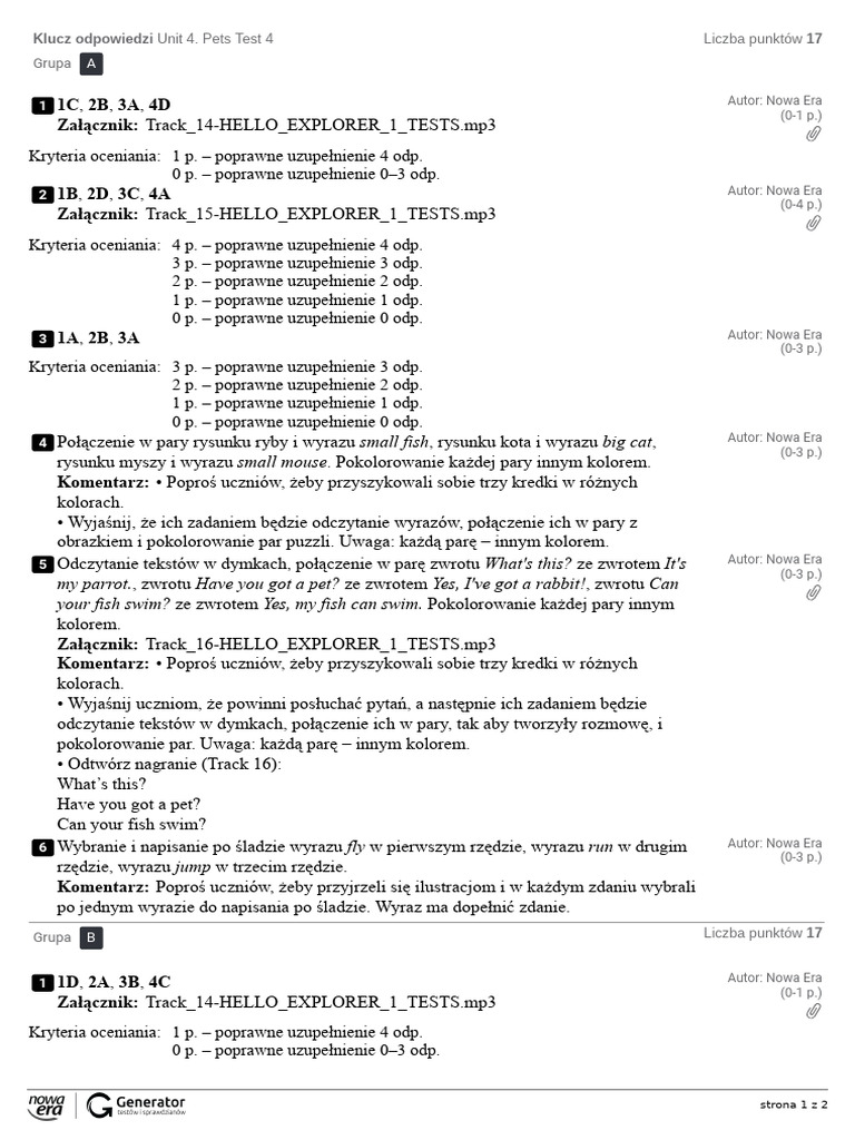 Unit 4. Pets Test 4 Klucz Odpowiedzi | PDF