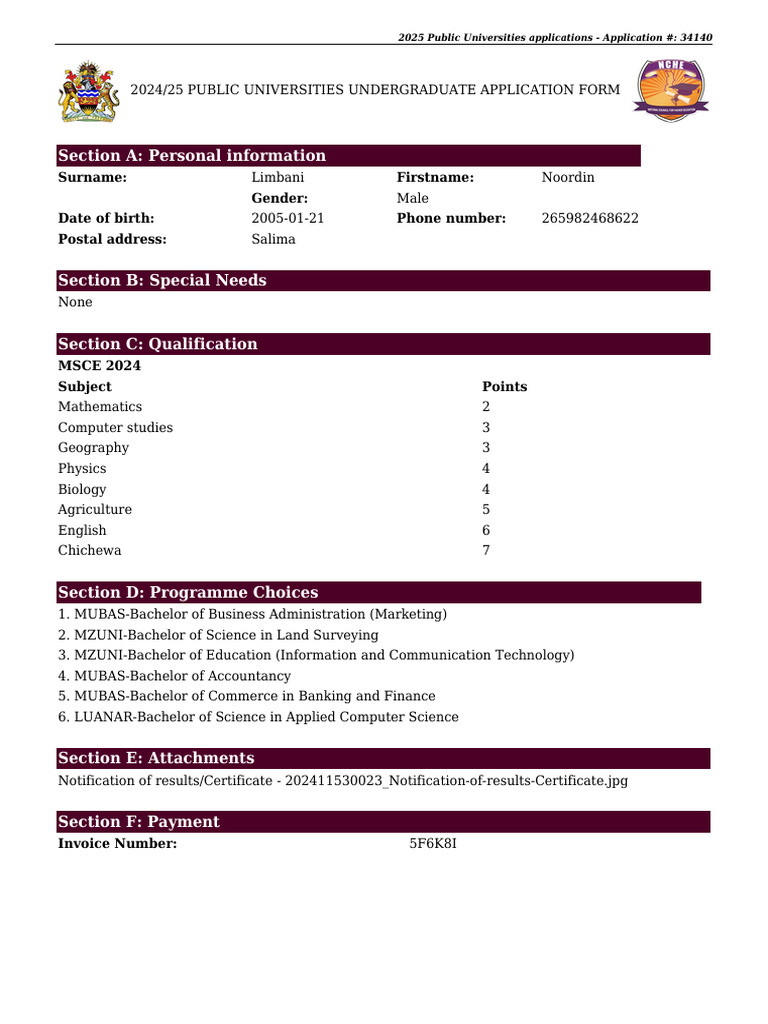 Limbani's 2024/25 University Application | PDF