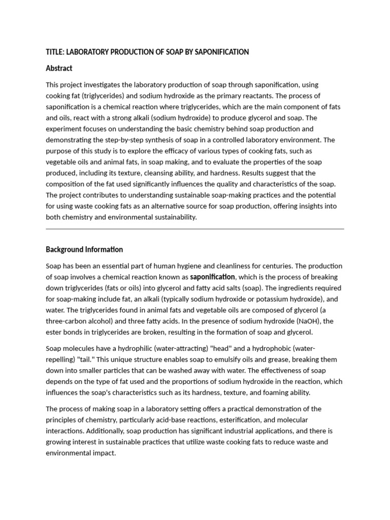 Soap Production via Saponification Process | PDF | Soap | Fatty Acid