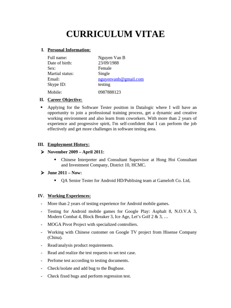 CV - Unaccept | PDF | Software Testing | Software Engineering