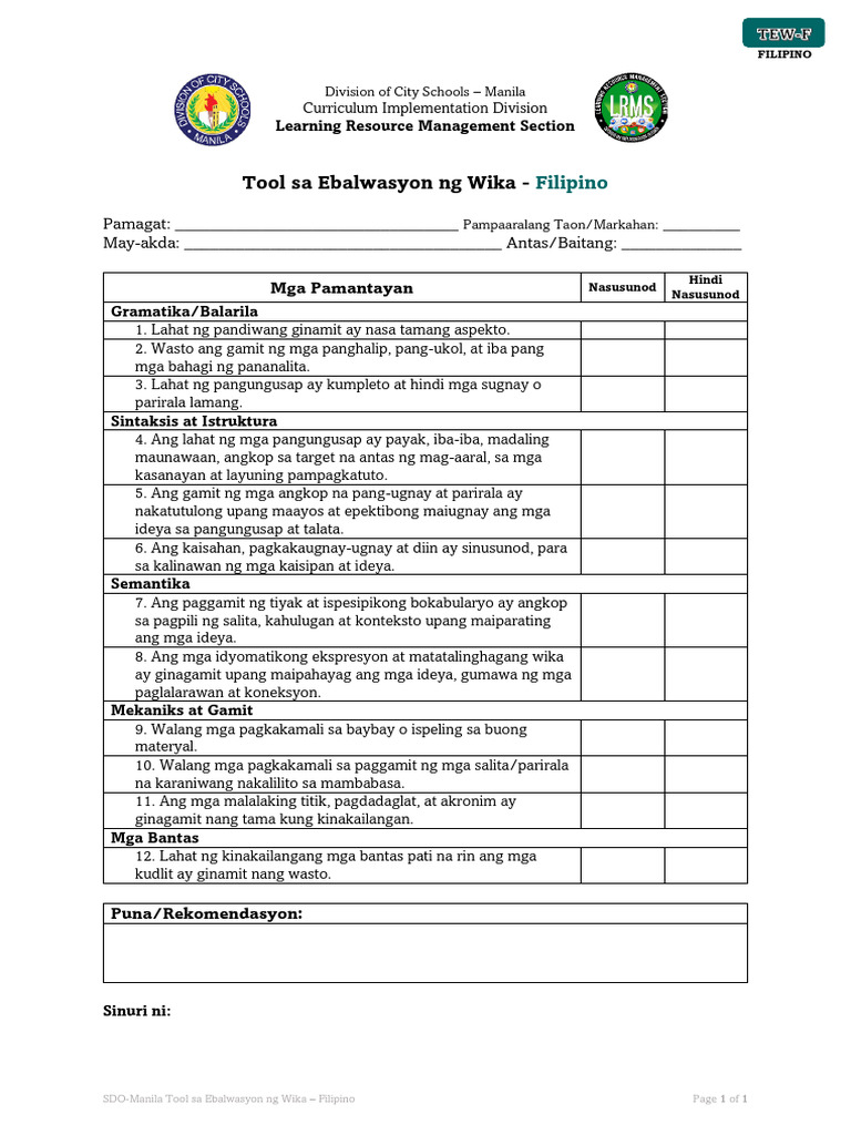 LR Evaluation Rating Sheet (Evaluation Tool For Langugage - Filipino) | PDF