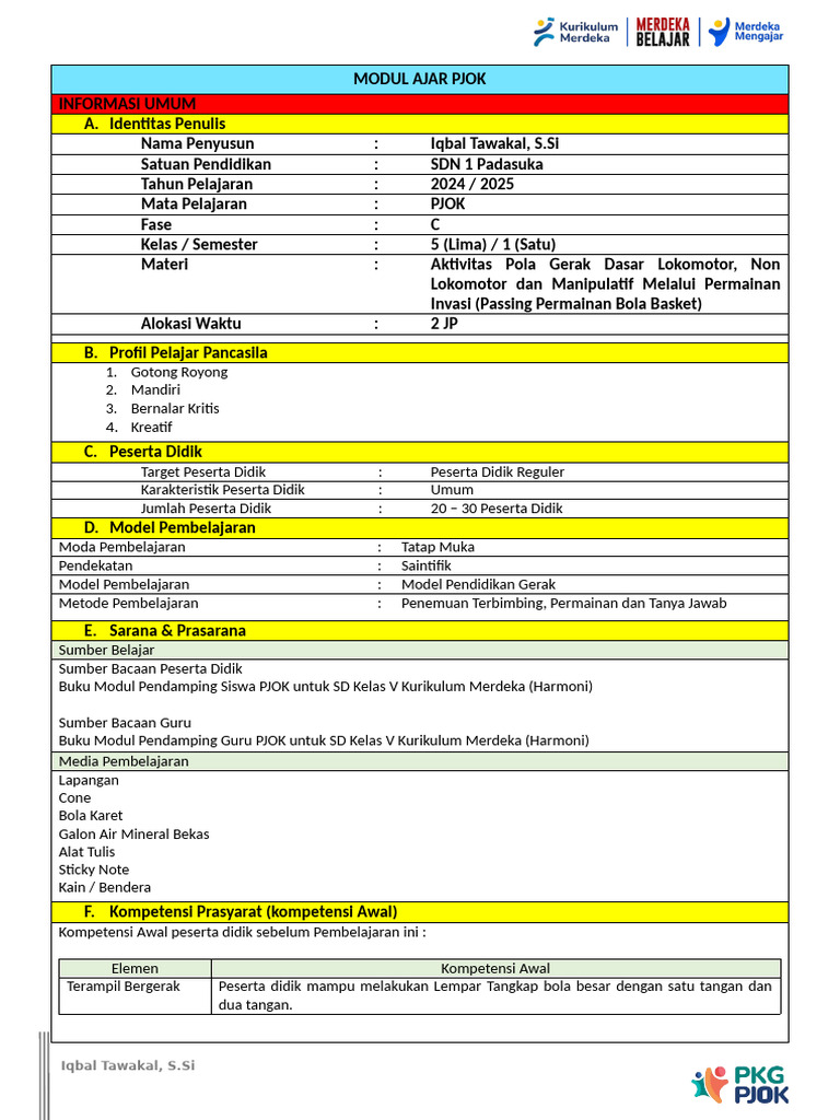 IQBAL TAWAKAL_MODUL AJAR_BUKTI KARYA_PKG PJOK | PDF