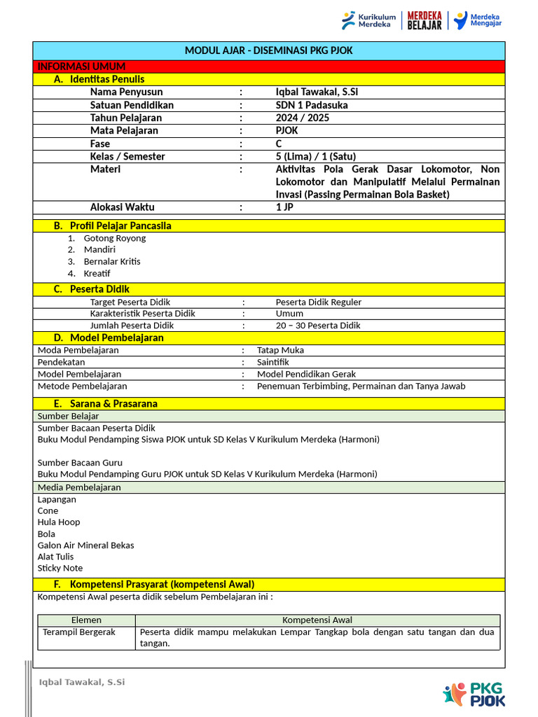 Modul Ajar - Aksi Nyata - PKG Pjok | PDF