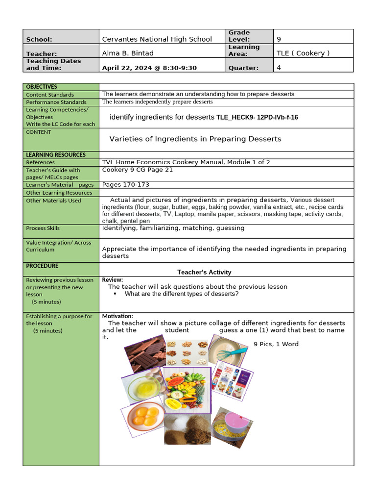 Preparing Desserts: TLE Lesson Plan | PDF | Desserts | Custard