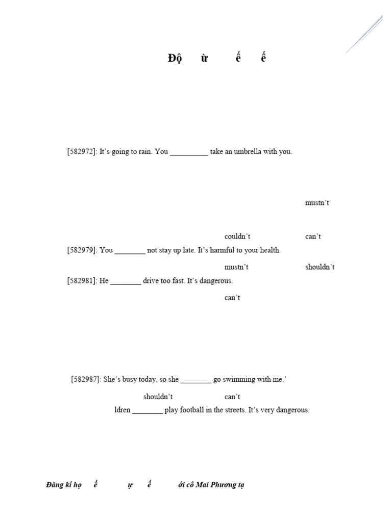 động từ khuyết thiếu.pdf bai tap 2 | PDF