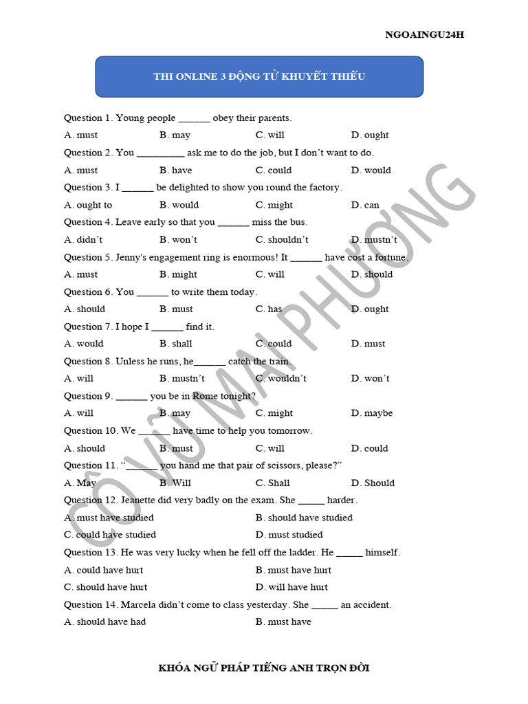 động từ khuyết thiếu.pdf bai tap 3 | PDF