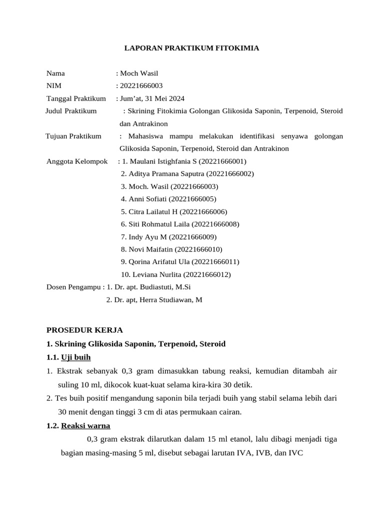 Laporan Praktikum Fitokimia Skrining Saponin | PDF