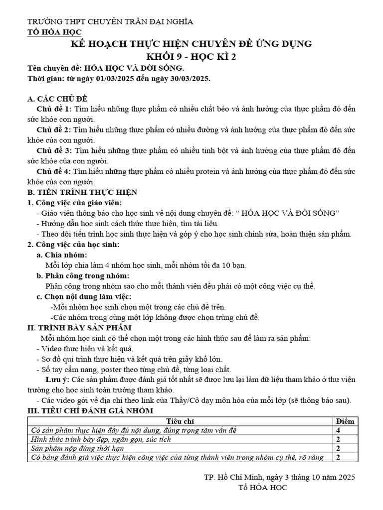 Kế hoạch chuyên đề UDTT K9 HK2 2024 2025 | PDF