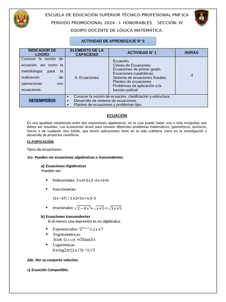 FICHA DE APRENDIZ N° 07 ECUAC LINEAL 01 hoja | PDF | Ecuaciones | Objetos matemáticos