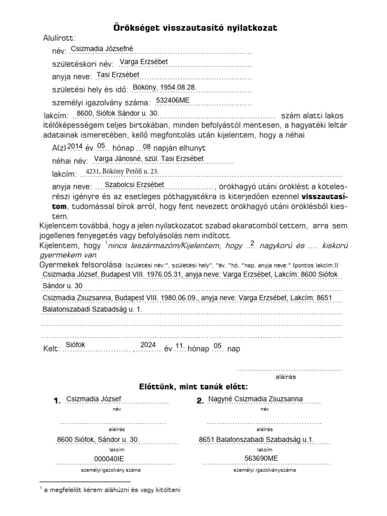 Visszautasító Nyilatkozat MINTA | PDF