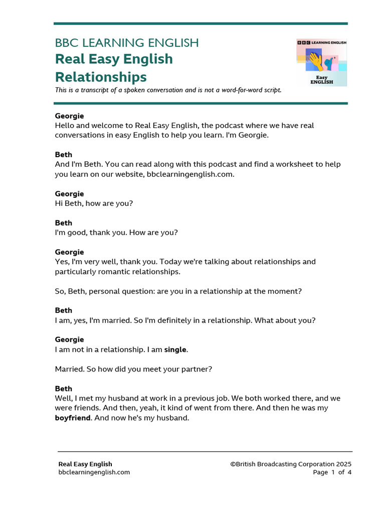 RealEasyEnglish Relationships Transcript | PDF