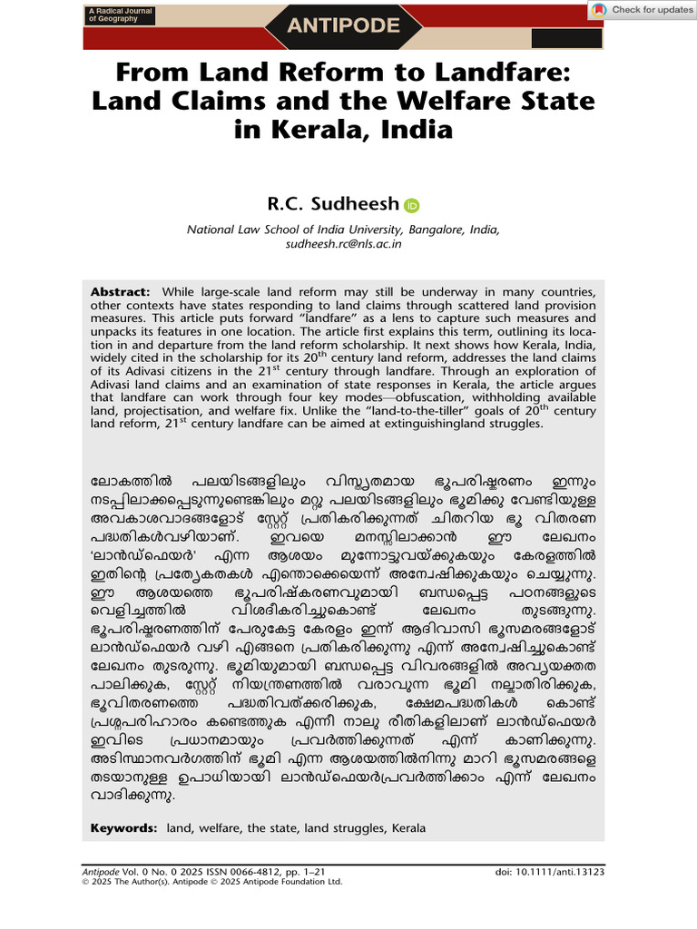 Antipode - 2025 - Sudheesh - From Land Reform To Landfare Land Claims ...
