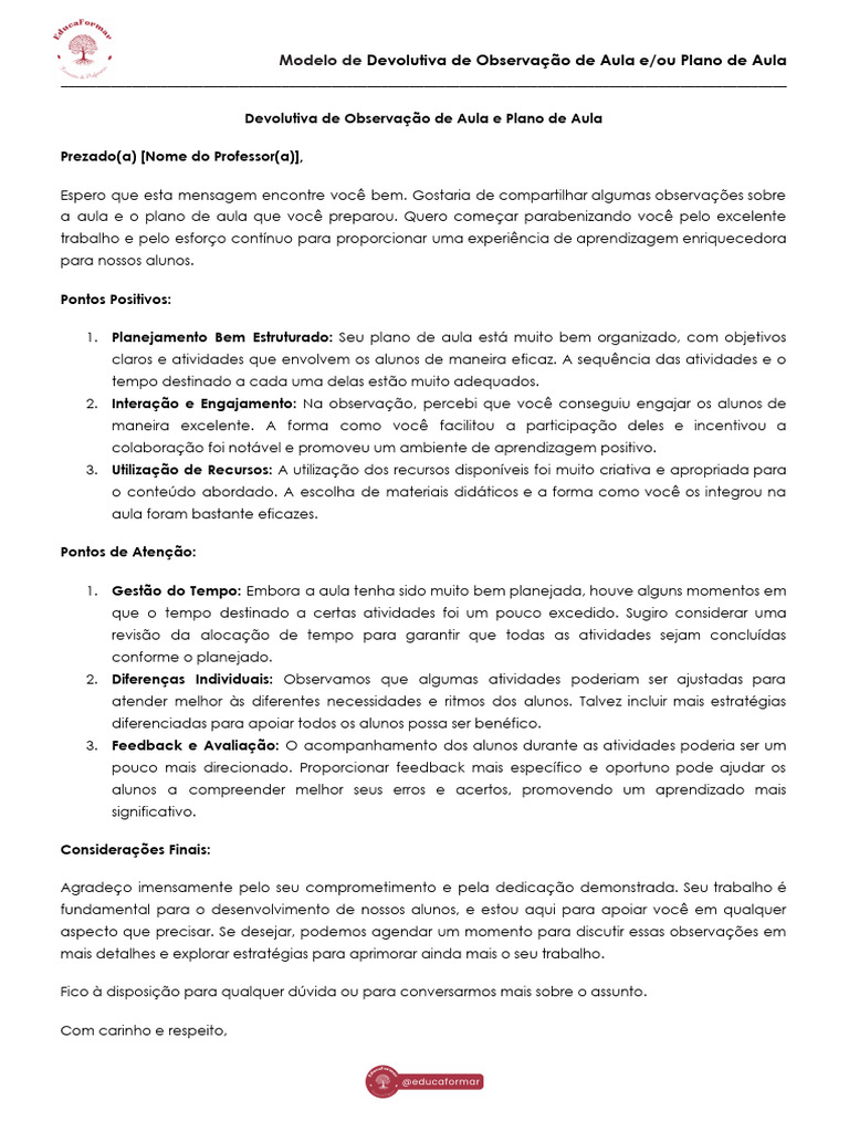 Modelo Devolutiva de Observação de Aula e Plano de Aula | PDF ...