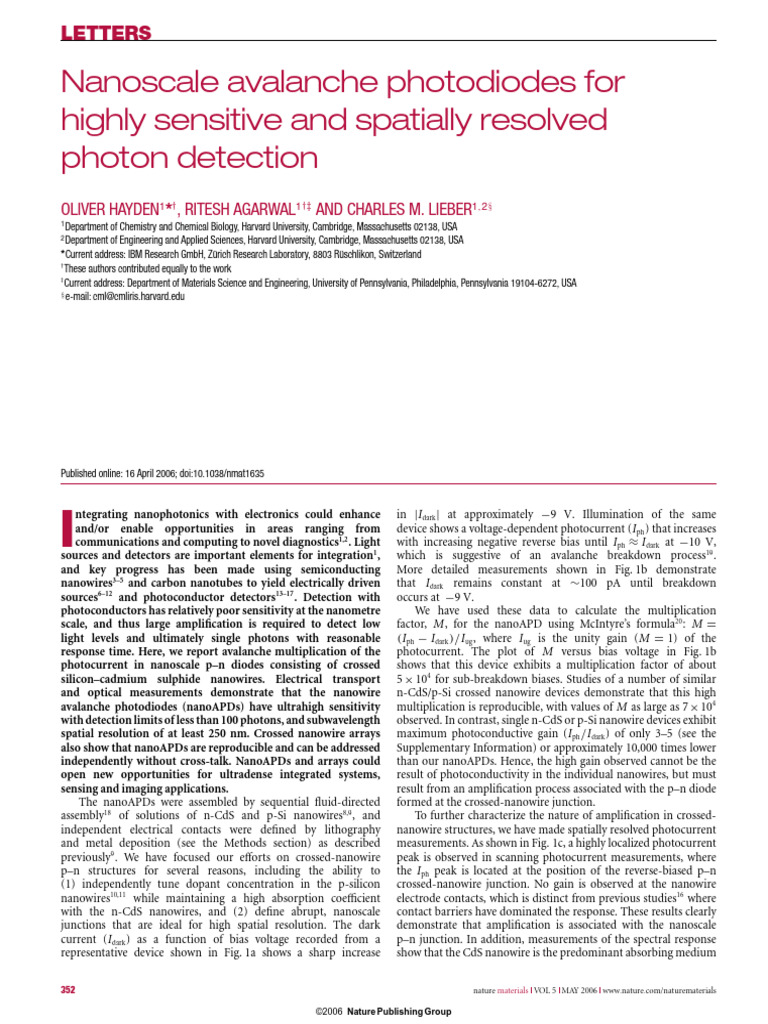 Nanoscale avalanche photodiodes for highly sensitive and spatially resolved photon detection ...