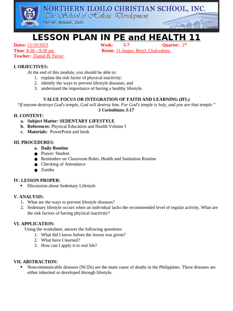 Grade 11 Lesson Plan Q2 final | PDF | Sedentary Lifestyle | Lesson Plan