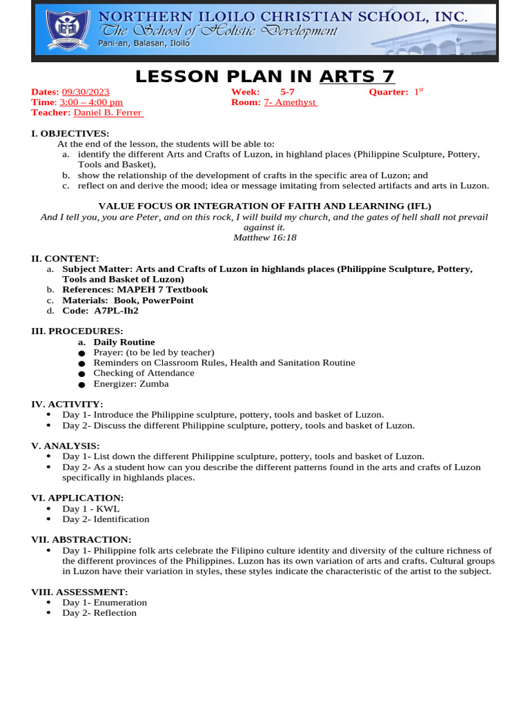 Lesson Plan Arts Grade 7 Q1 Finals | PDF | Learning