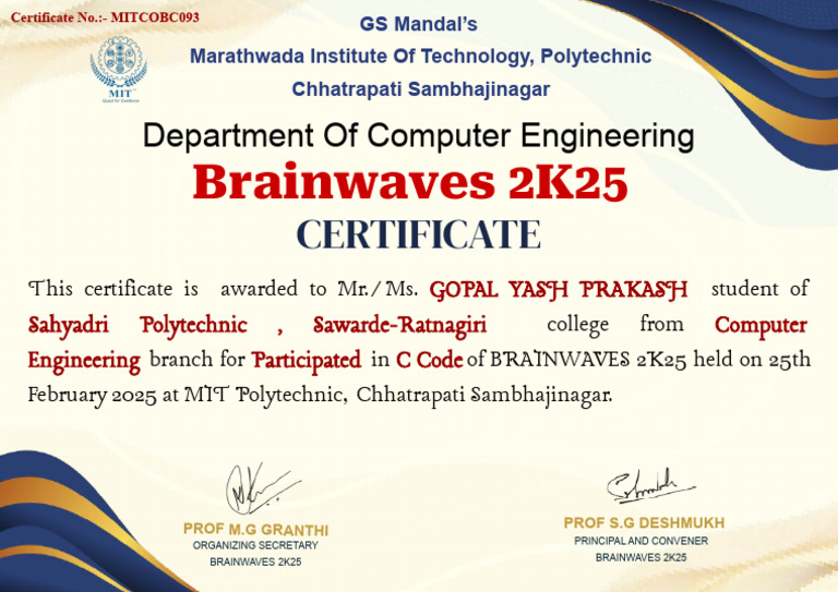 Gopal Yash Prakash - Certificate | PDF