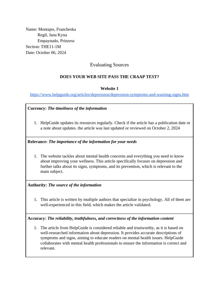 Evaluating Sources CRAAP TEST Pairwork | PDF | Mental Health | Major ...