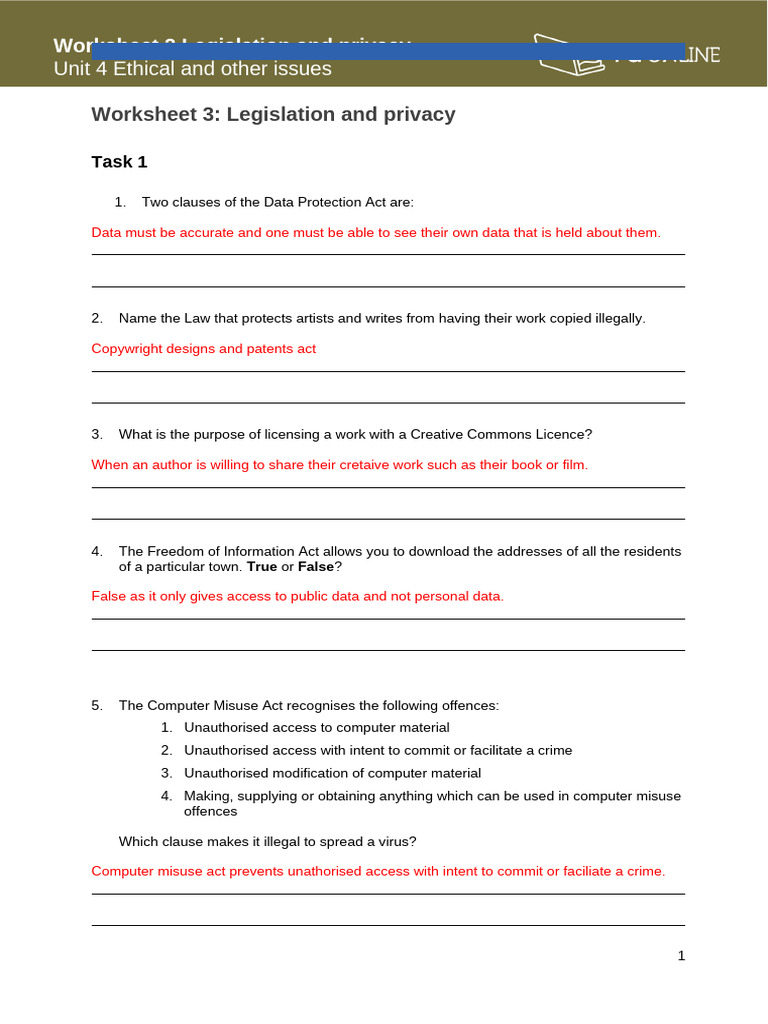 Ethical and Other Issues Worksheet 3 Legislation and Privacy | PDF