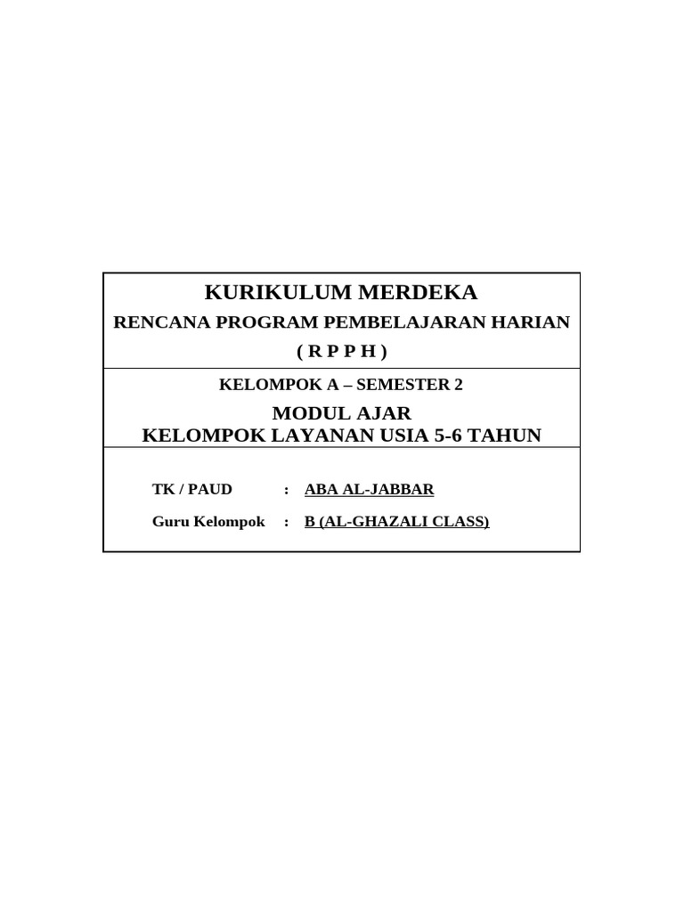 Modul Ajar RPPH TK B Kurikulum Merdeka Smt2 | PDF
