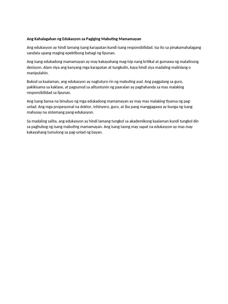 Ang Kahalagahan NG Edukasyon Sa Pagiging Mabuting Mamamayan | PDF