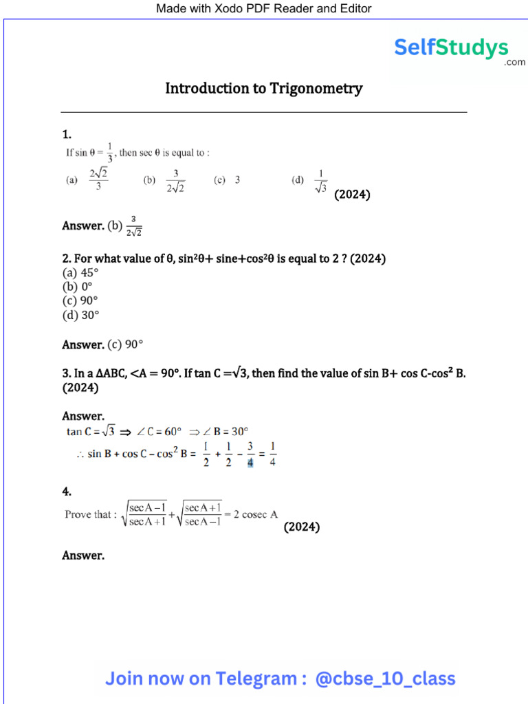 Introduction To Trigonometry 10 CLASS PYQ | PDF | Trigonometry | Elementary Geometry