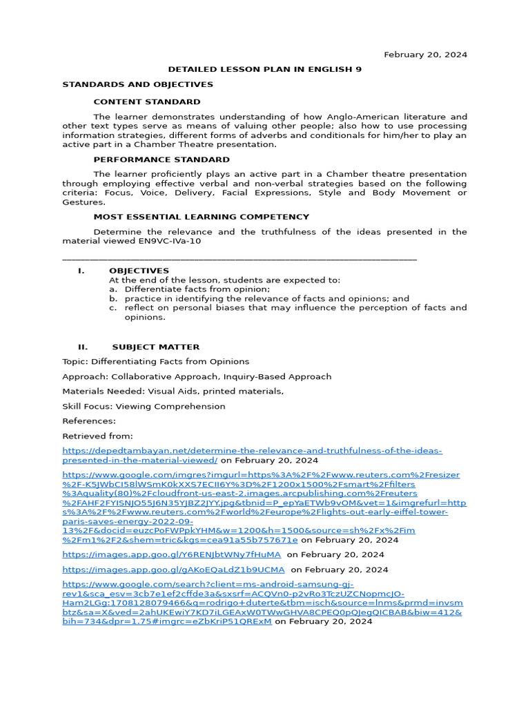 Final Detailed Lesson Plan in English 9 Differentiating Facts and ...