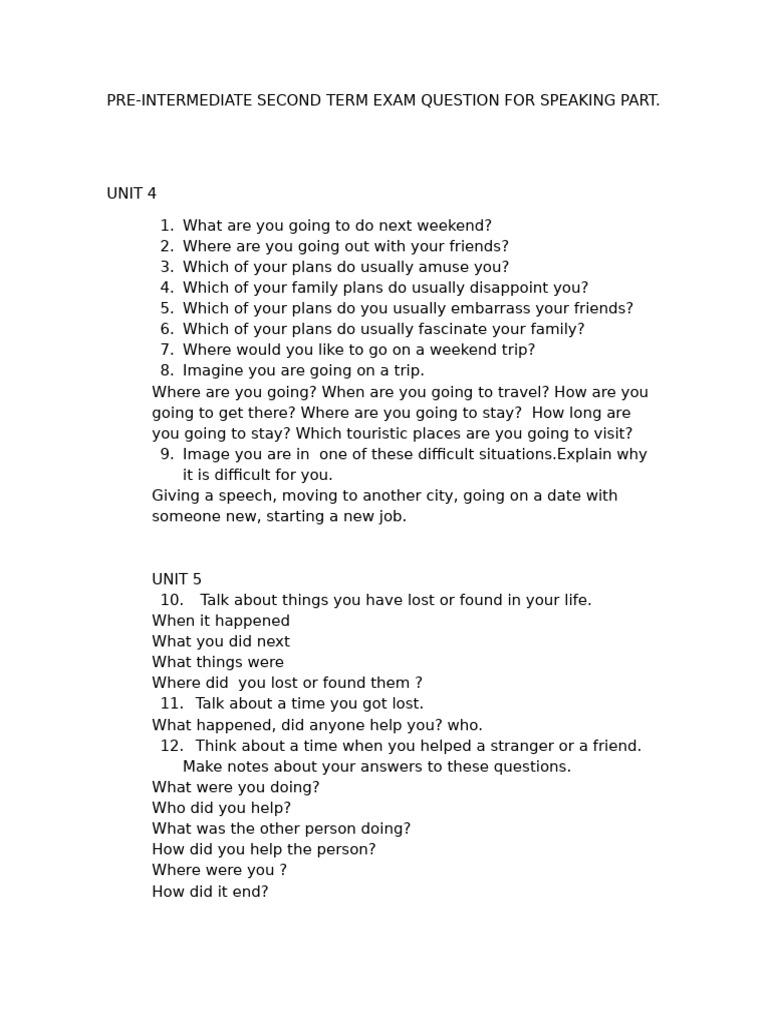PRE INTERMEDIATE SENCOND TERM QUESTIONS FOR SPEAKING PART AND ...