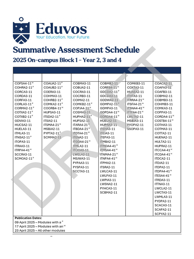 2025 Summative Exam Schedule Y2-4 | PDF
