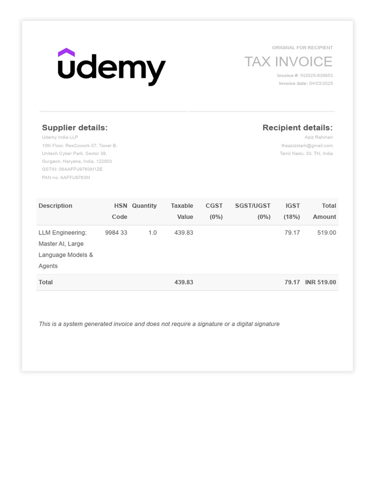 Udemy Invoice for AI Course | PDF