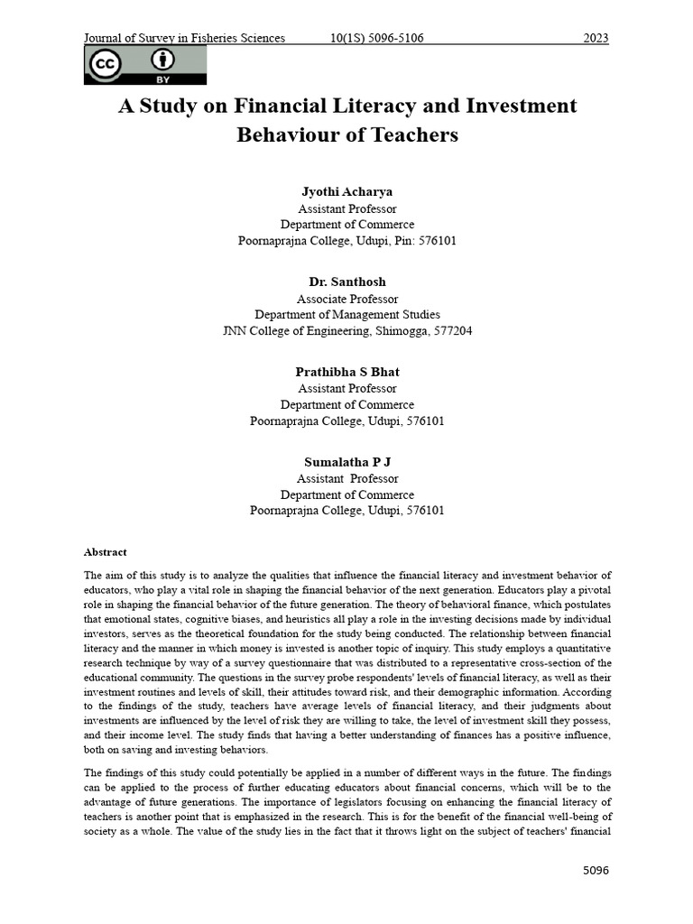 A Study On Financial Literacy and Investment Behaviour of Teachers (1 ...