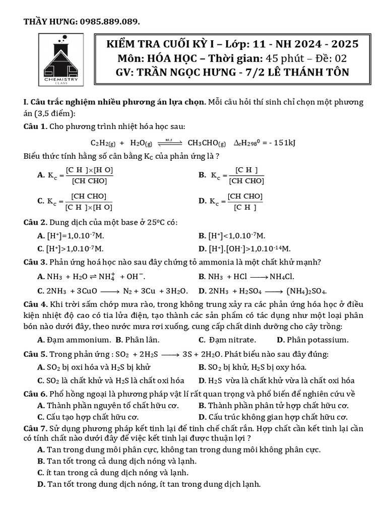 KI Mtracu IK I L P: 11 - NH 2024 - 2025 Môn: Hóa H C TH I Gian: GV: TR NNG - 7/2 Lê Thánh Tôn | PDF
