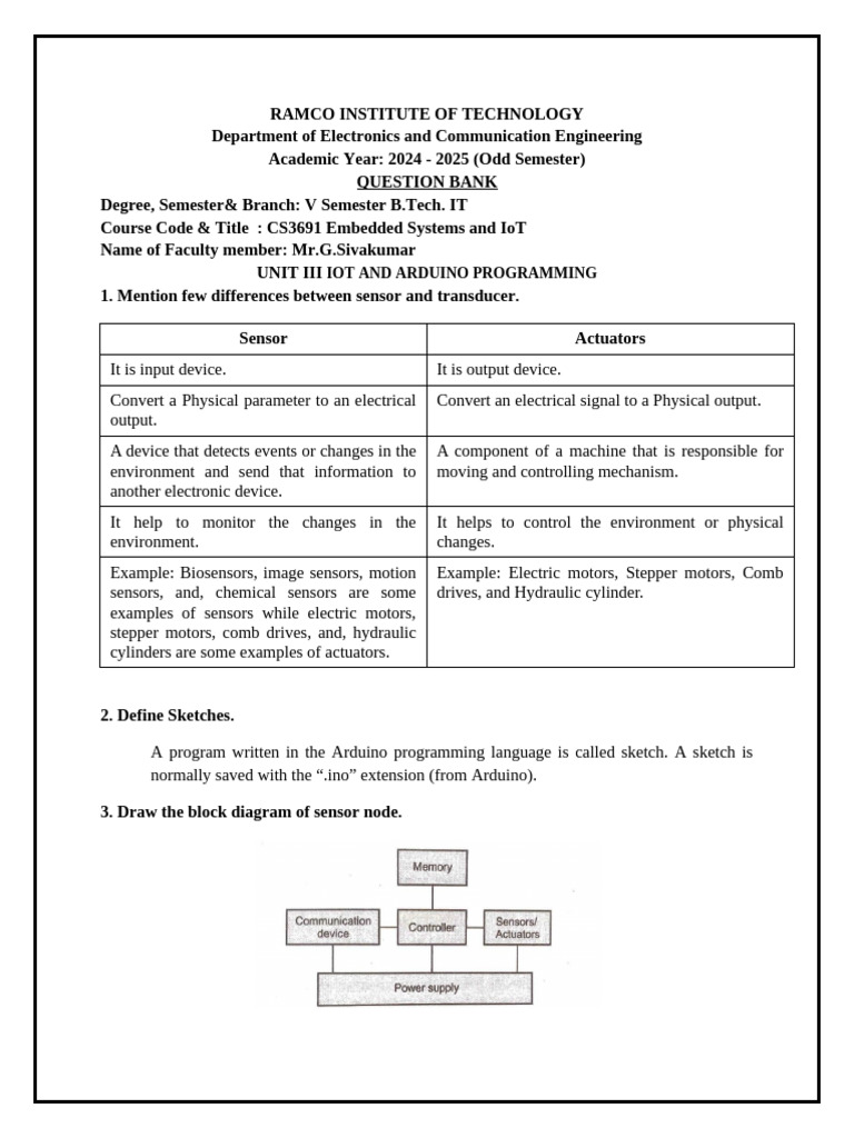 UNIT III T Two marks | PDF | Actuator | Arduino