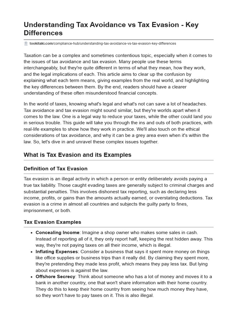 Tax Avoidance vs Evasion: Key Differences | PDF | Tax Evasion | Taxes