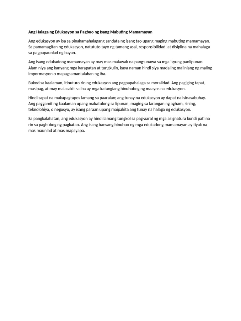 Ang Halaga NG Edukasyon Sa Pagbuo NG Isang Mabuting Mamamayan | PDF